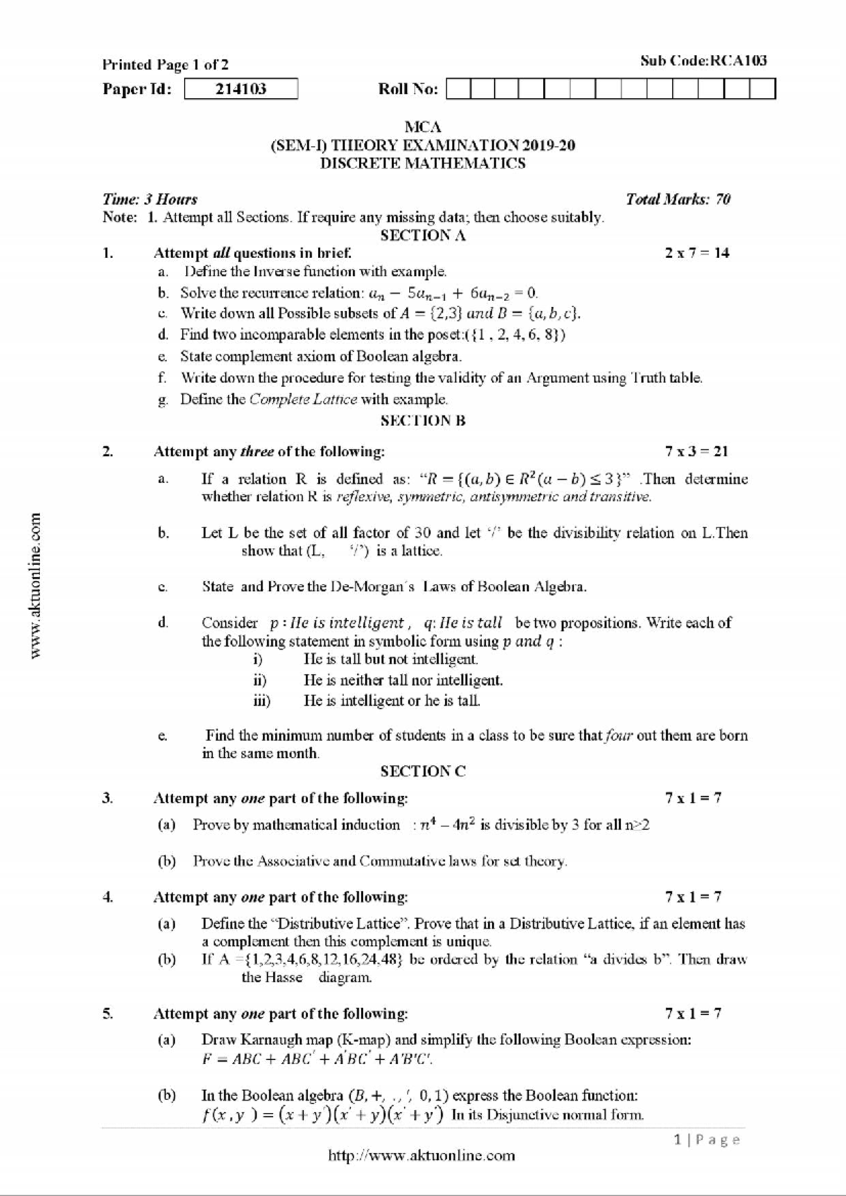 MCA 1st Sem Discrete Mathematics Exam Notes (RCA103) - Studocu