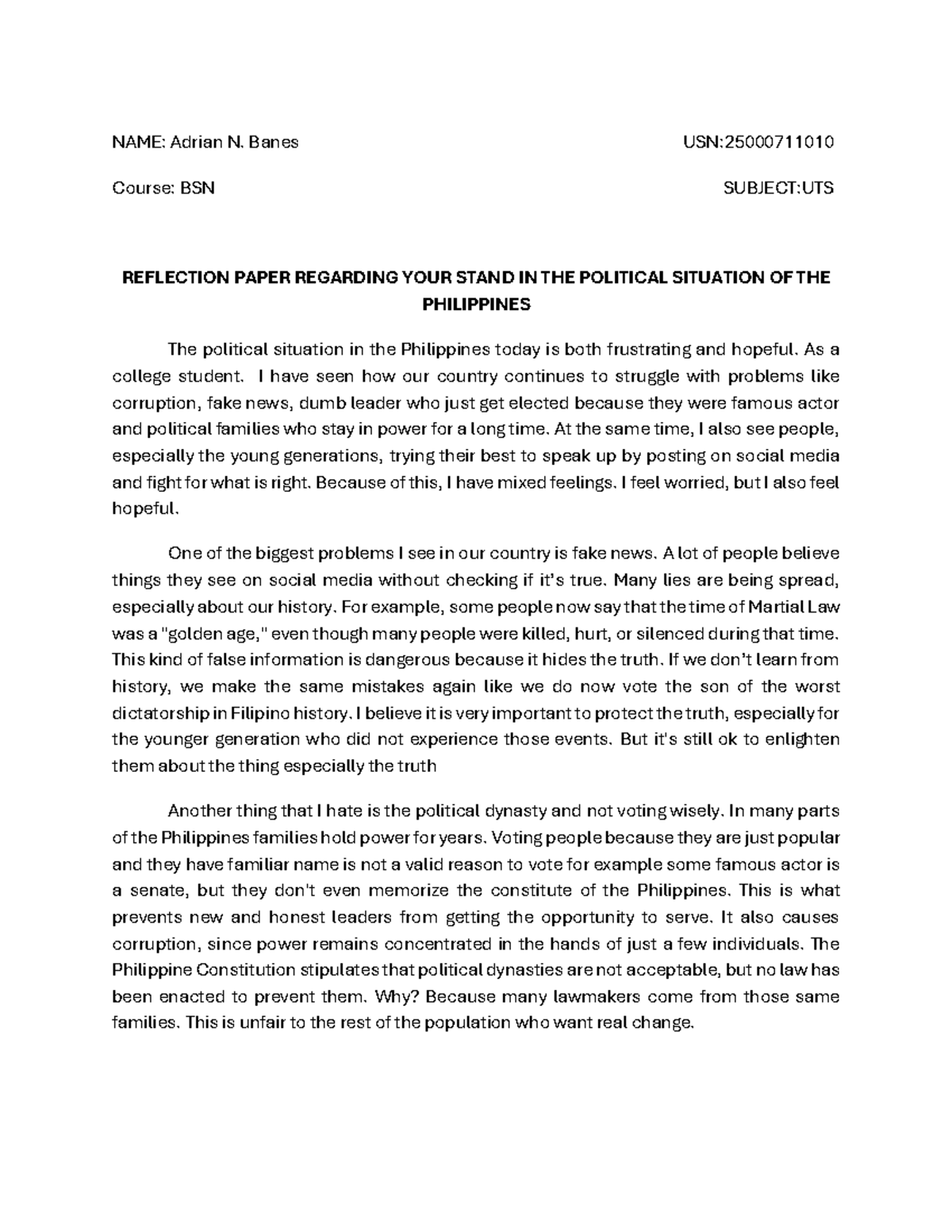 UTS Reflection Paper: Political Situation in the Philippines - Studocu