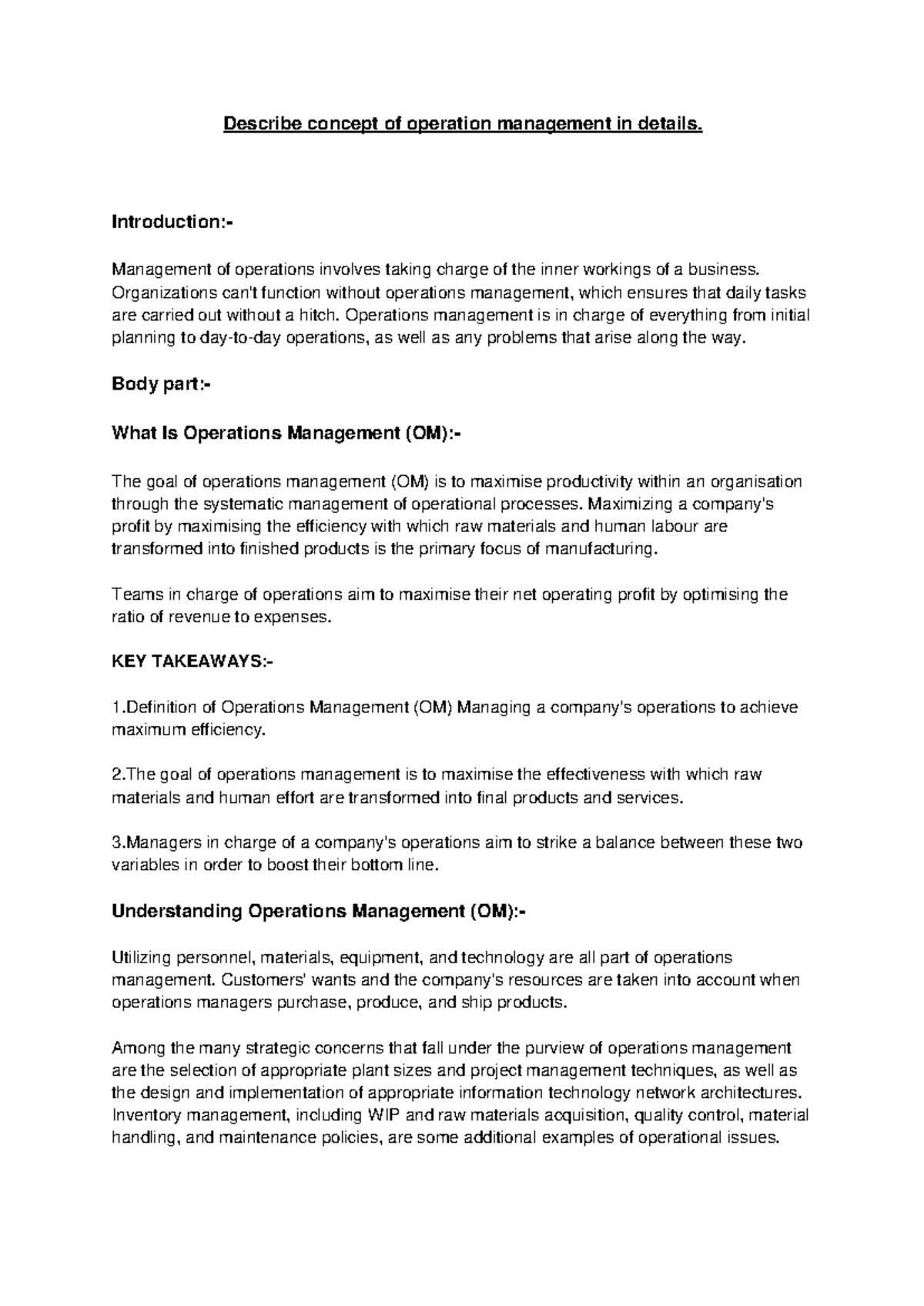 Concept of operation management - Introduction:- Management of ...