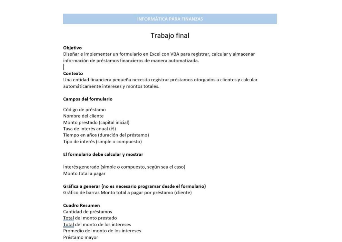 INFORMÁTICA PARA FINANZAS - Trabajo Final: Formulario Excel VBA - Studocu