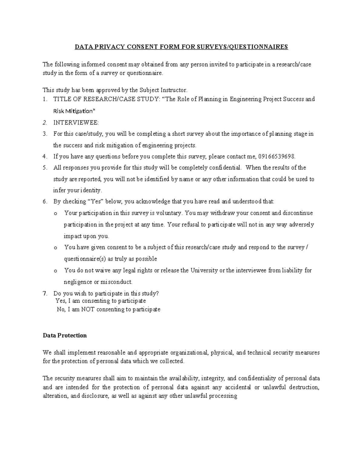 DATA PRIVACY CONSENT FORM: Engineering Project Planning Study - Studocu