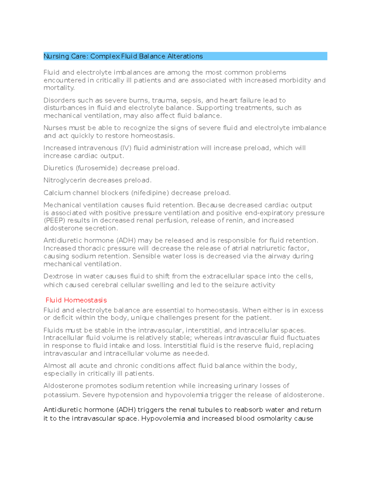 Edapt Nursing Care: Complex Fluid Balance Week 4 Notes - Studocu