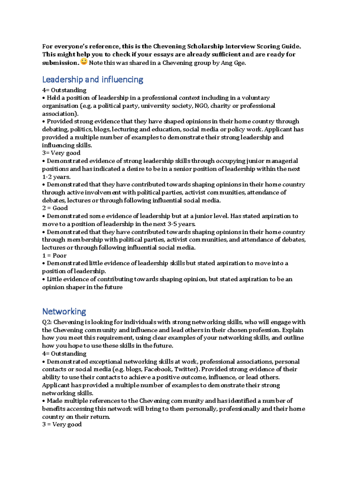 Chevening Interview Scoring Guide: Insights for Essay Preparation - Studocu