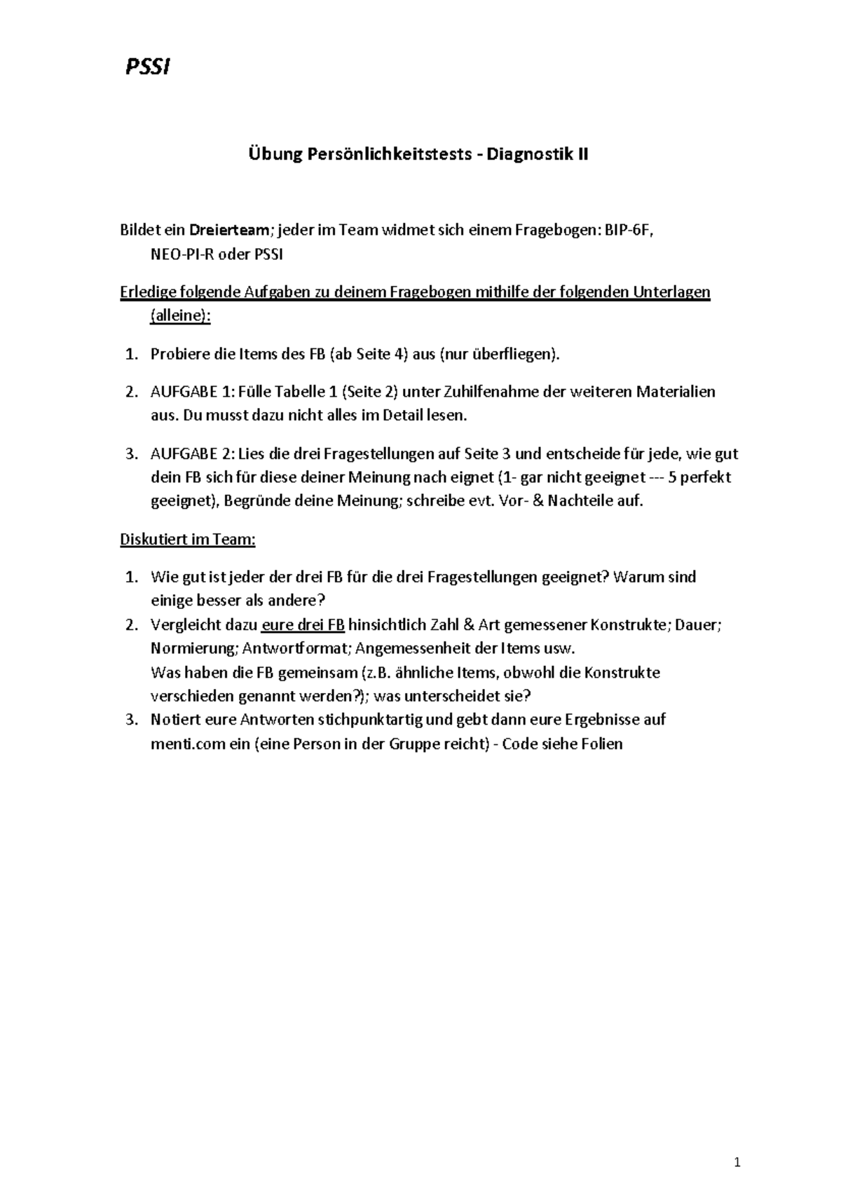 PSSI - Diagnostik II: Übungen und Aufgaben zu Persönlichkeitstests ...