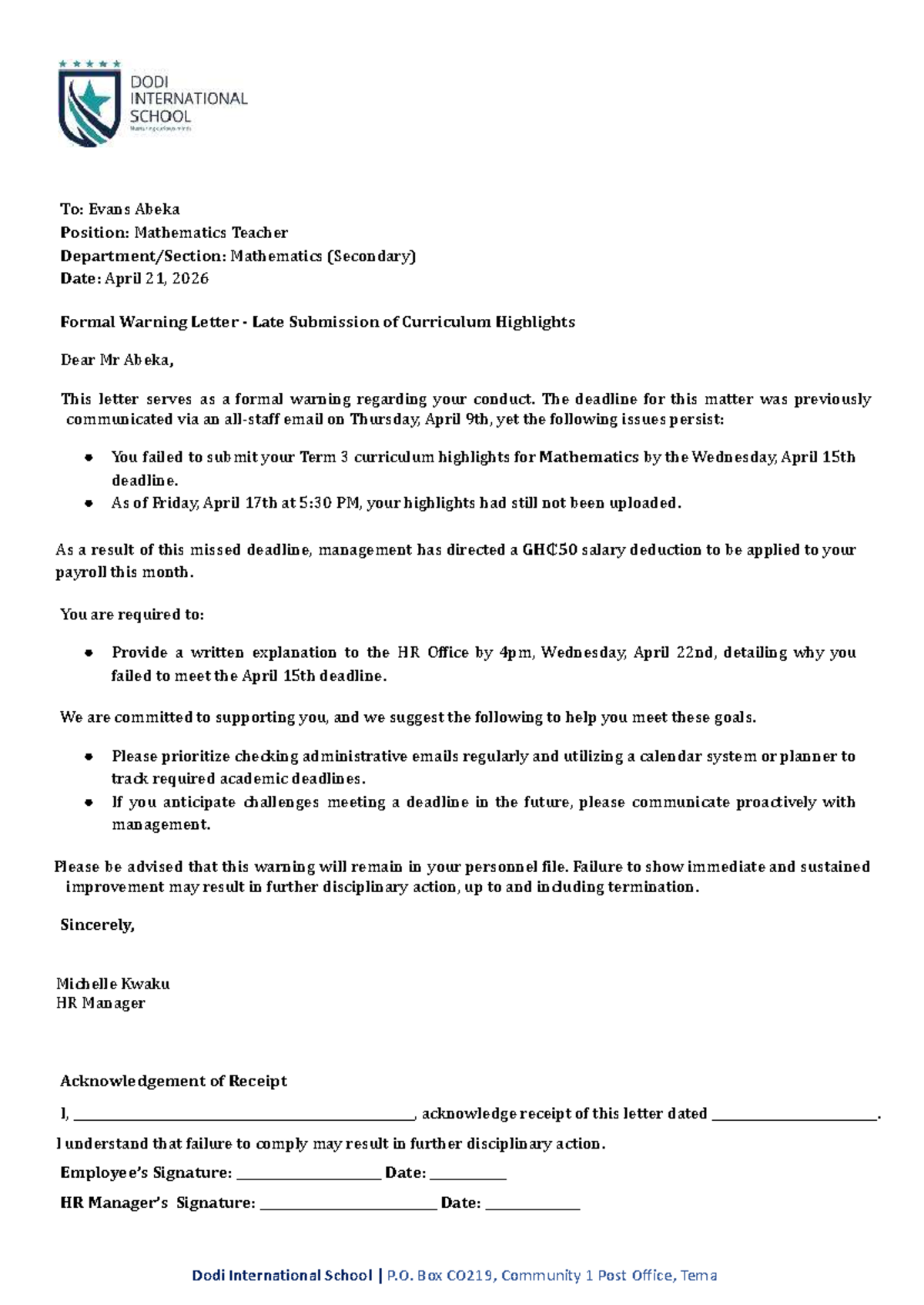 Evans Abeka - Formal Warning Letter for Late Curriculum Submission ...