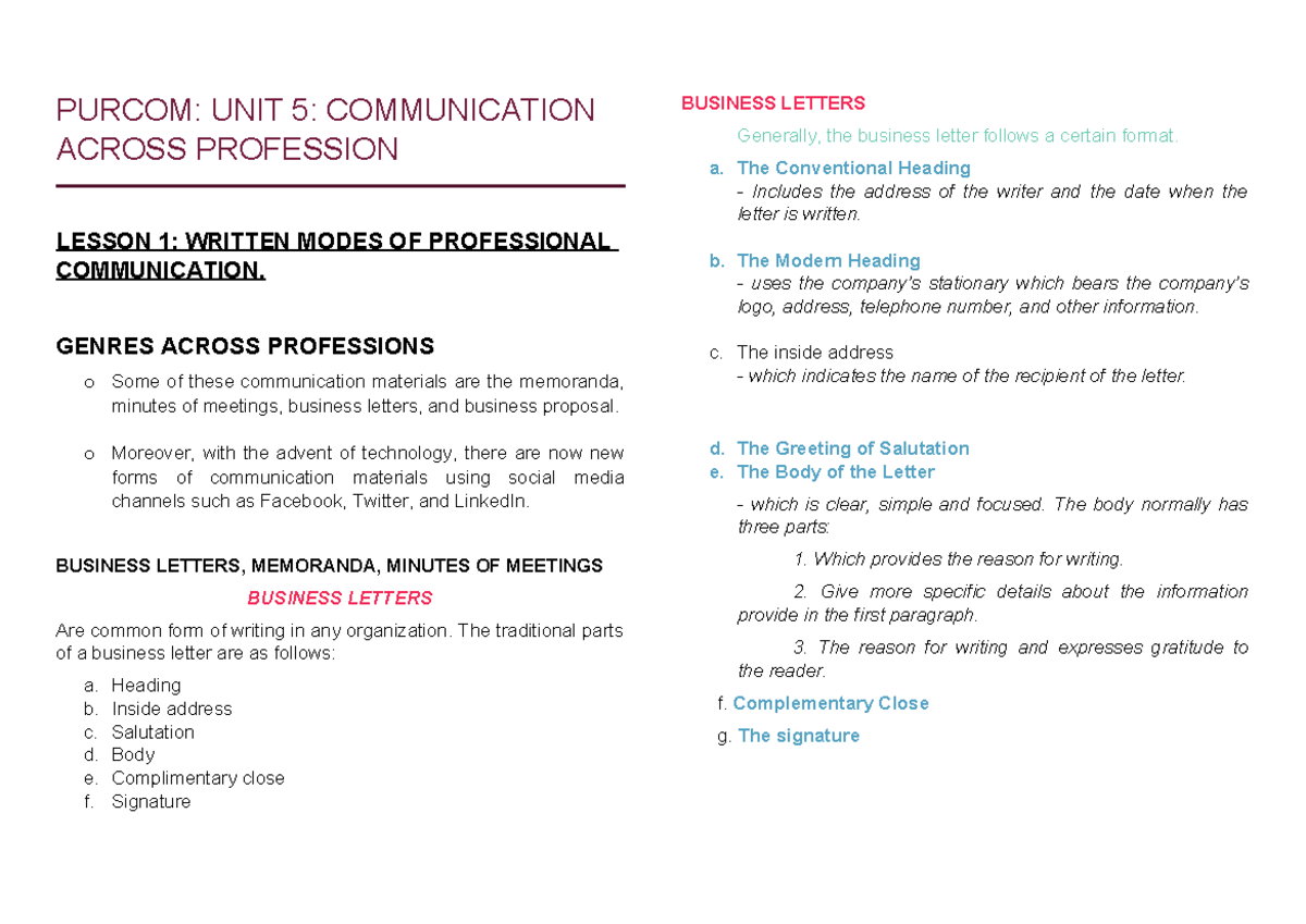 Purcom UNIT 5: Written Modes of Professional Communication - Studocu