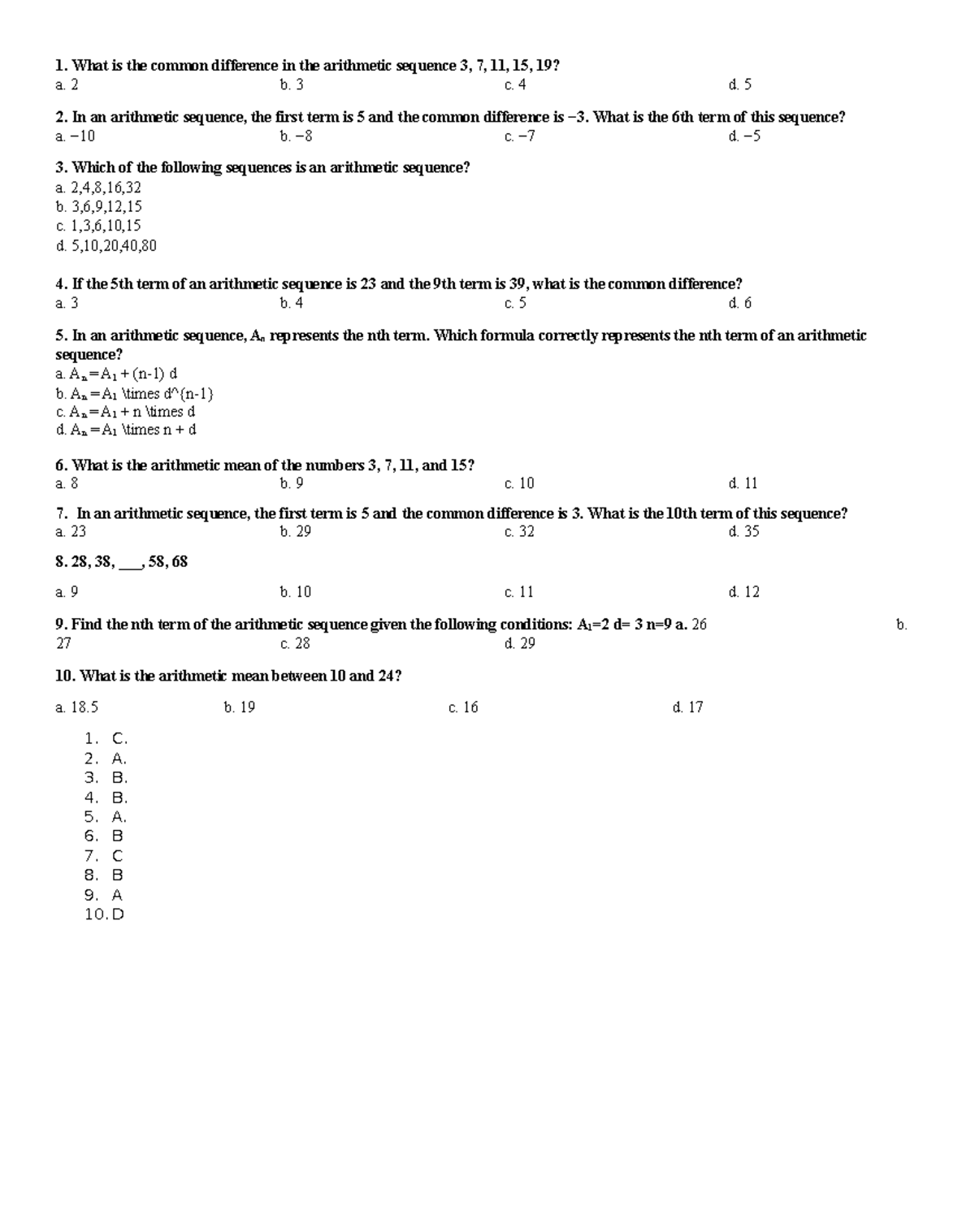 QUIZ #2: Arithmetic Sequence Questions and Answers - Studocu