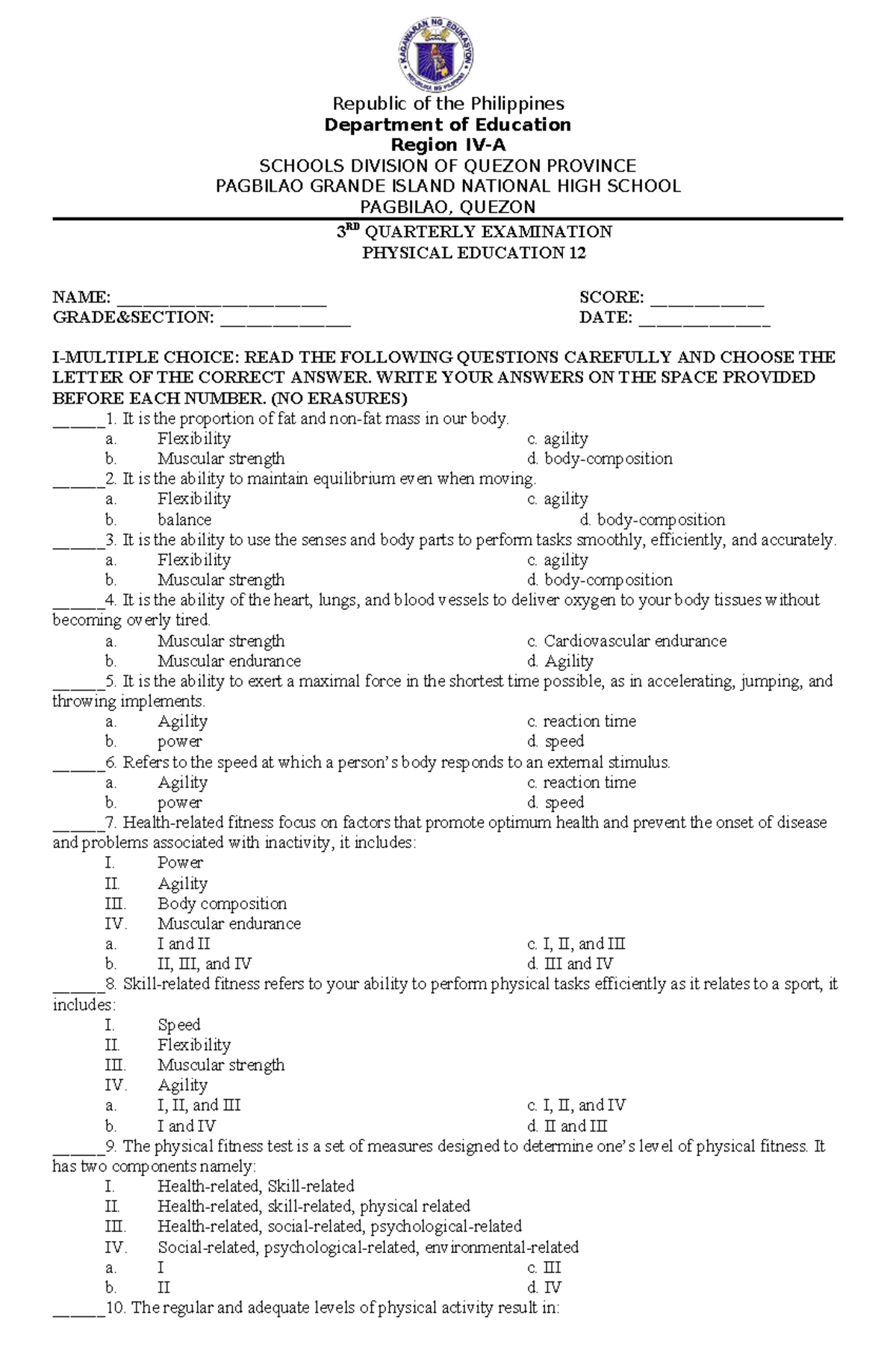 PE 12 3RD Quarter Exam: Physical Education Concepts and Principles ...