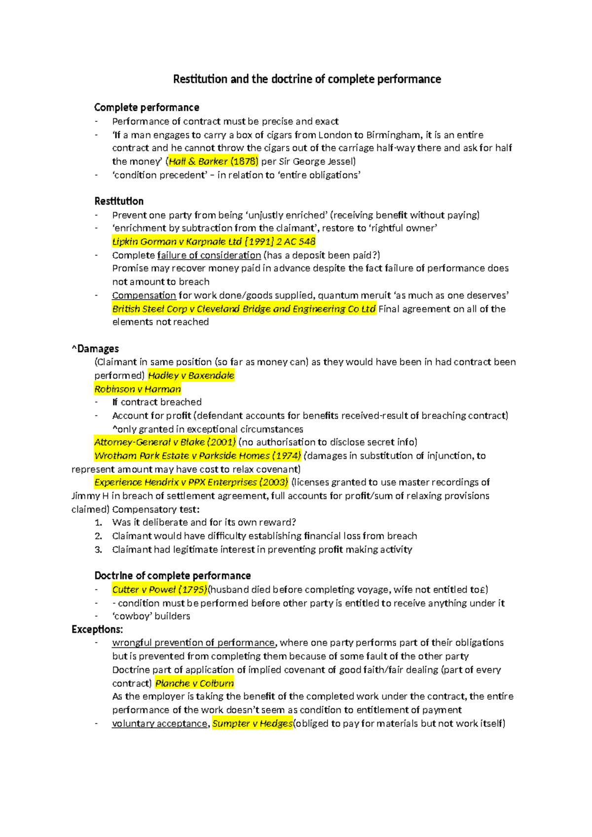 Restitution and Complete Performance Doctrine in Contract Law (LAW 101) - Studocu