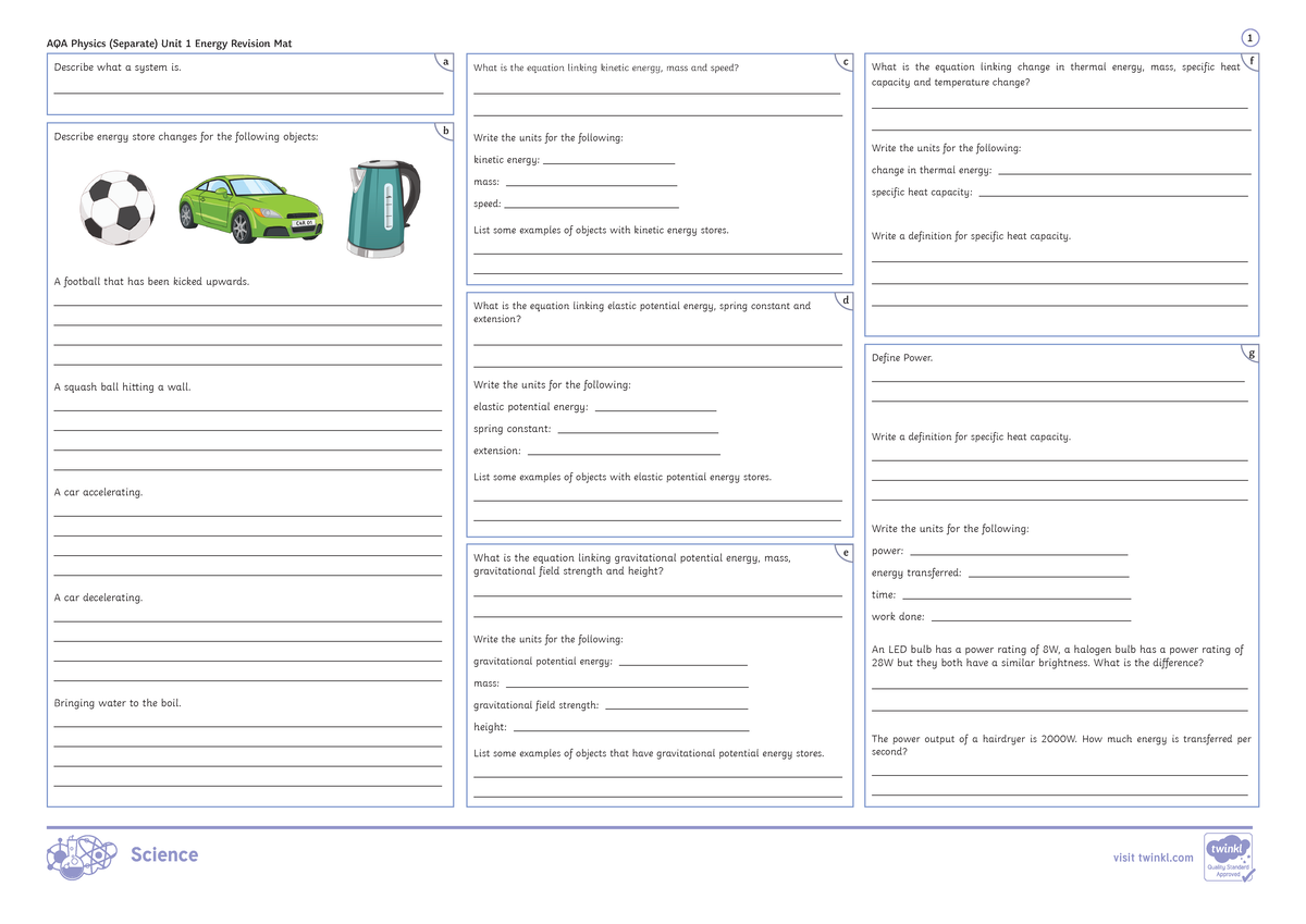 AQA GCSE Physics Unit 1 Energy Revision Mat and Answers - Studocu