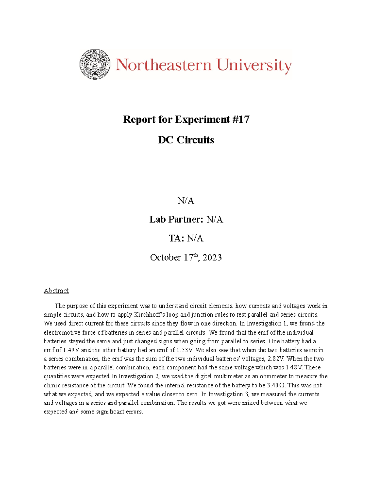 Phys2Exp17 - Final Report on DC Circuits Experiment - Studocu