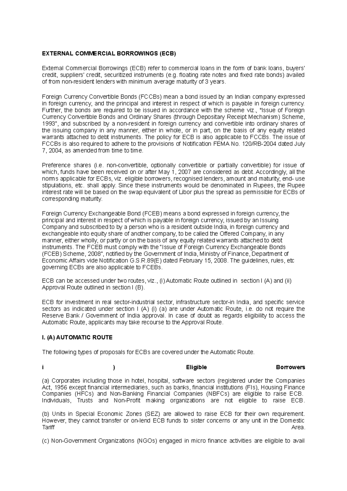 FCCB, ECB & RBI Guidelines Overview for Financial Regulations - Studocu