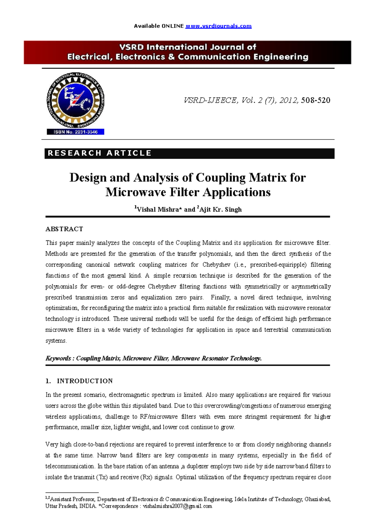 Design and Analysis of Coupling Matrix for Microwave Filters (EEC ...