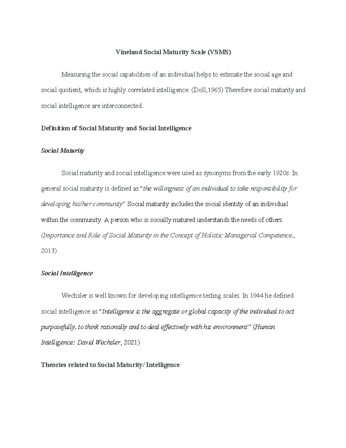 Vineland Social Maturity Scale (VSMS) Overview and Analysis - Studocu