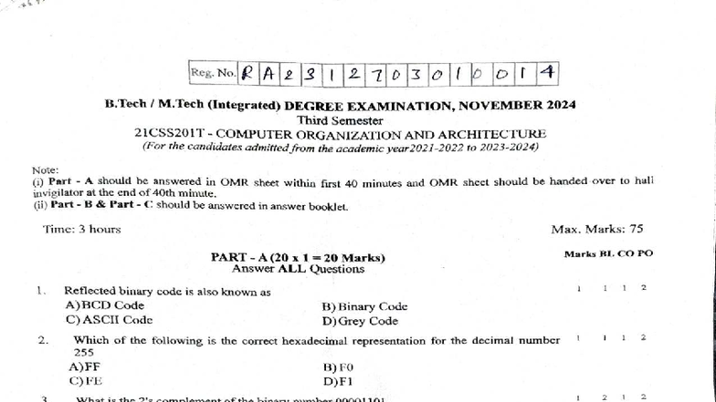 21CSS201T - COMPUTER ORGANIZATION AND ARCHITECTURE QUESTION PAPER - Studocu