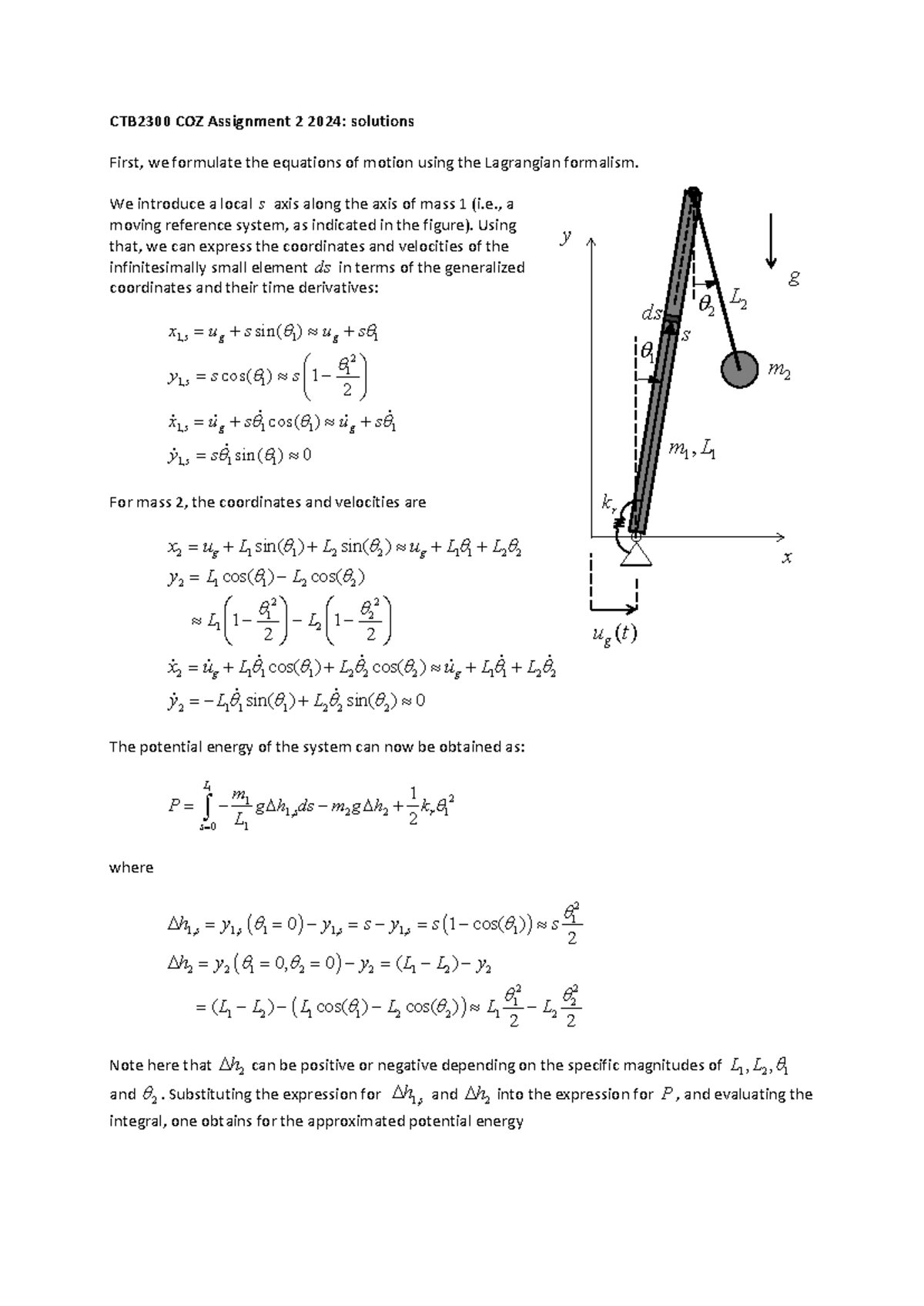 CTB2300 COZ Assignment 2 2024 Solutions: Equations of Motion and Energy ...