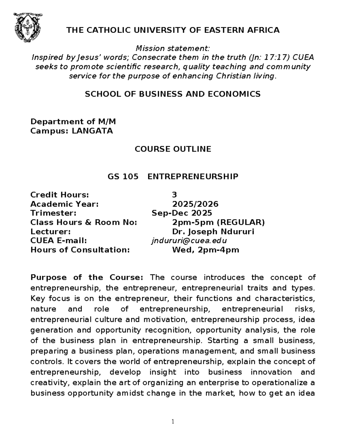 GS 105 - Course Outline: Entrepreneurship Fundamentals - Studocu