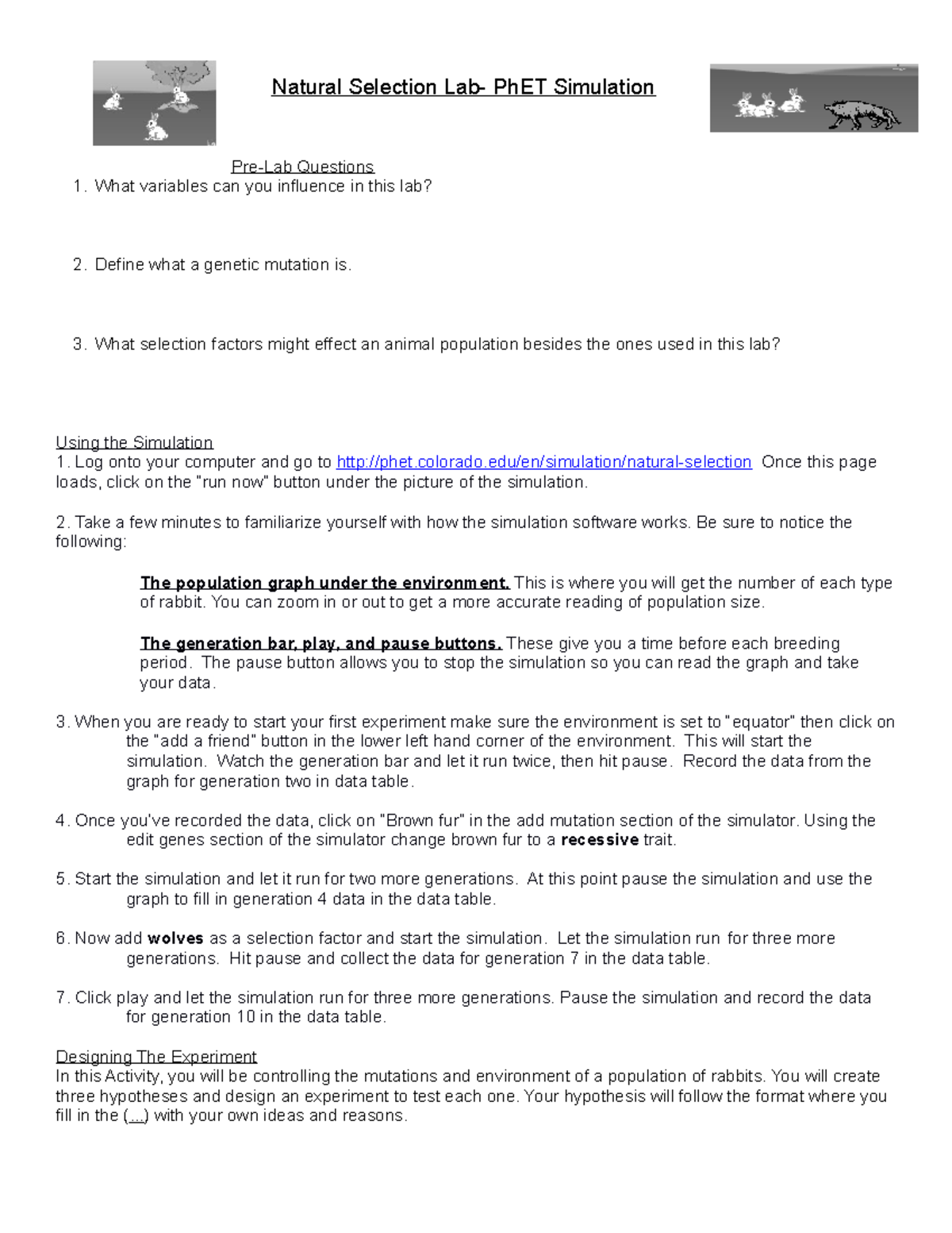 Ph ET Natural Selection - Natural Selection Lab- PhET Simulation Pre ...