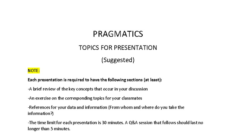 PRAGMATICS PRESENTATION TOPICS (T01) - Suggested Guidelines - Studocu