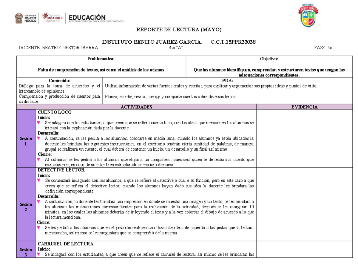 REPORTE DE LECTURA MAYO 4to C.C.T. 15PPR3303S - Actividades y Análisis ...