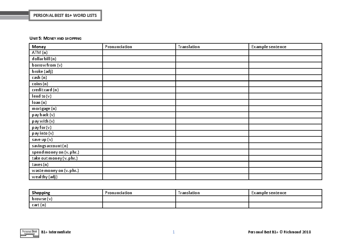 PB Am E B1 Word List Unit 5: Money & Shopping TATQ1 - Studocu