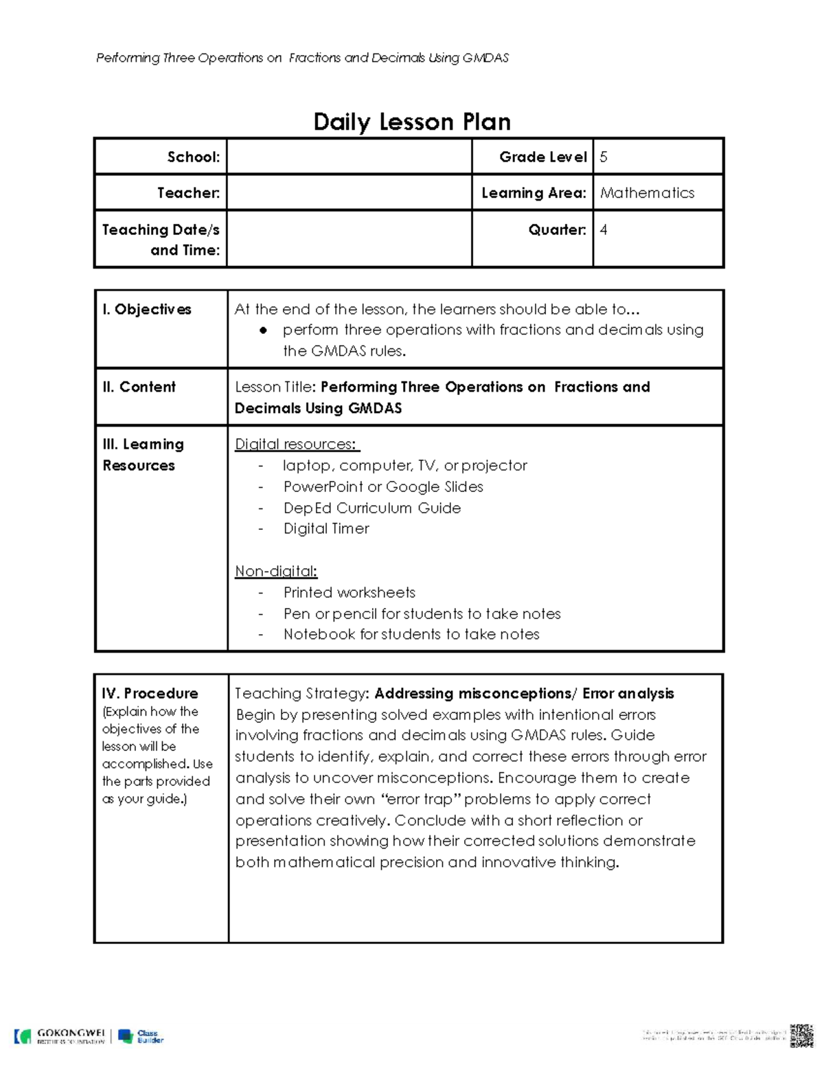 M5Q4L04 Daily Lesson Plan: Operations on Fractions & Decimals Using ...