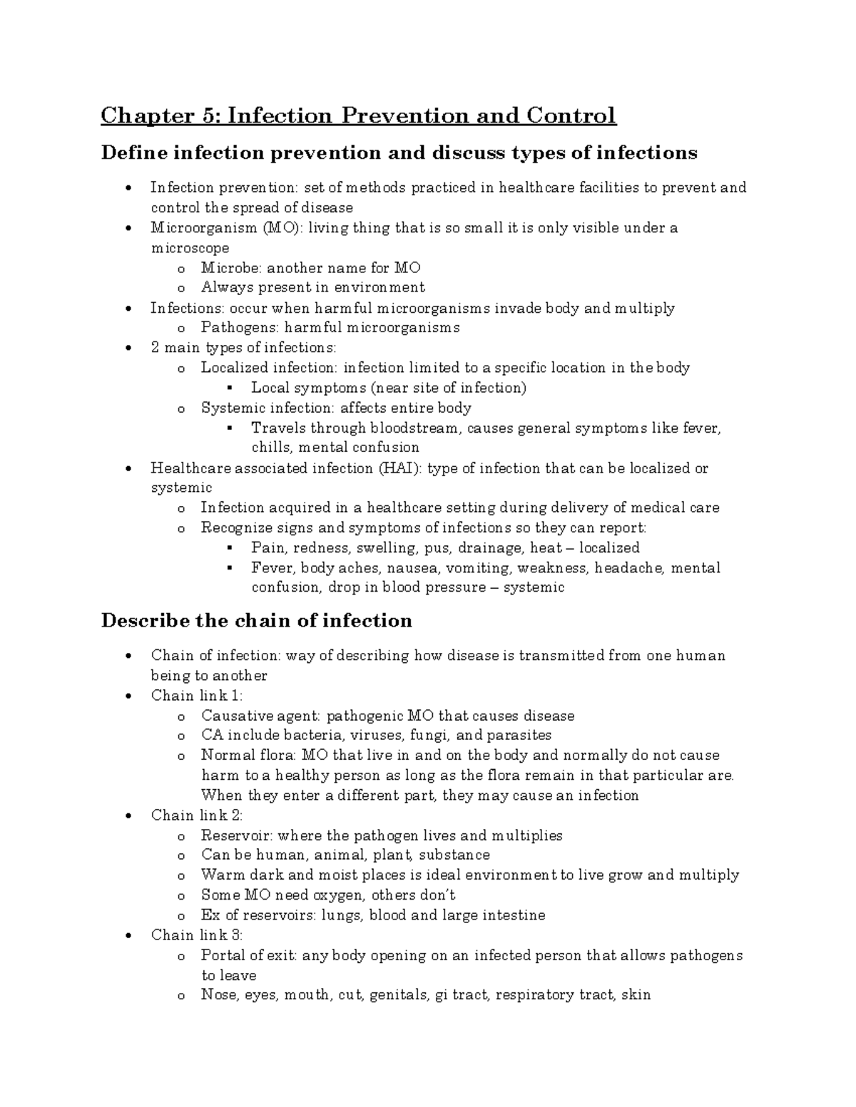 Chapter 5 [CNA]-2: Infection Prevention & Control Summary Notes - Studocu