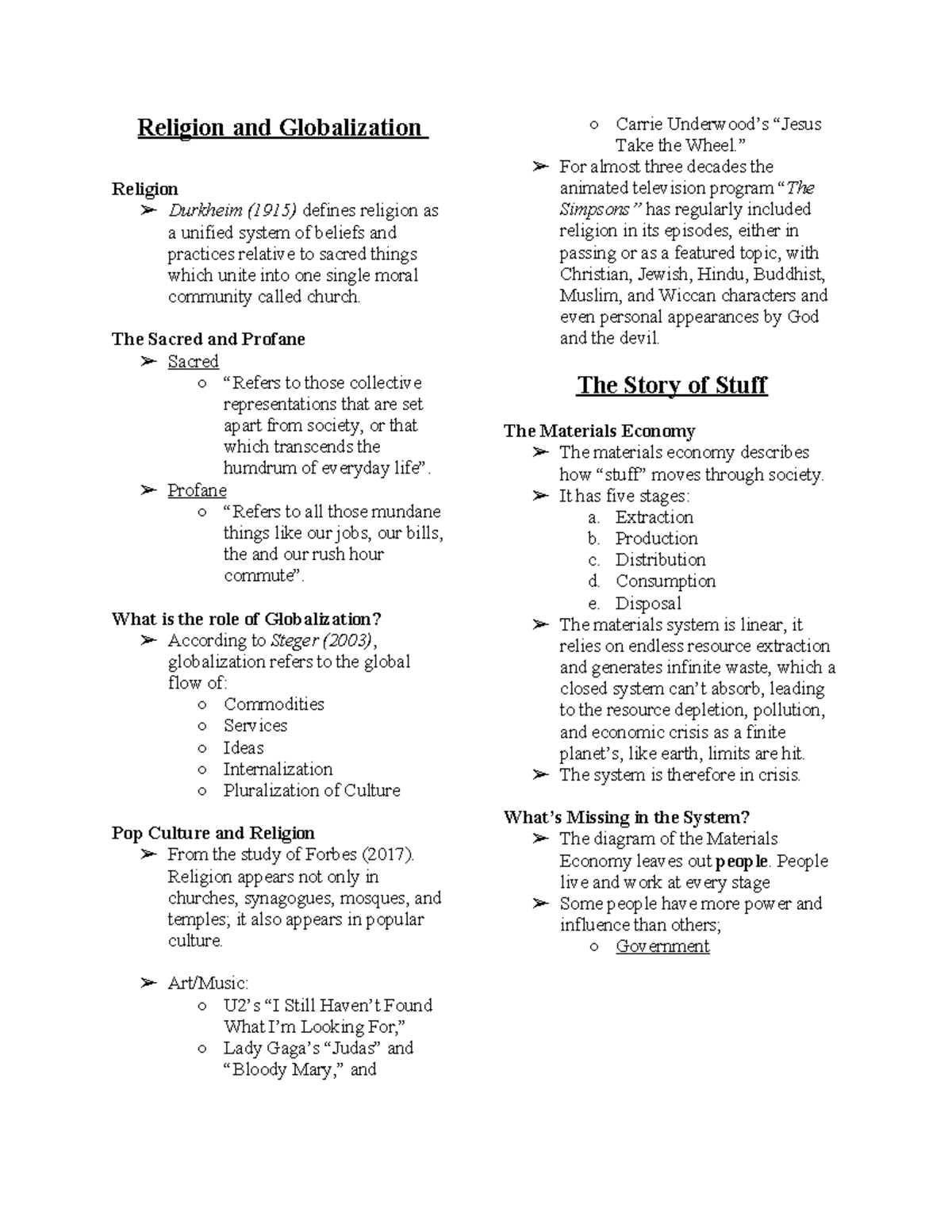 Religion and Globalization: Insights from Durkheim and Steger - Studocu