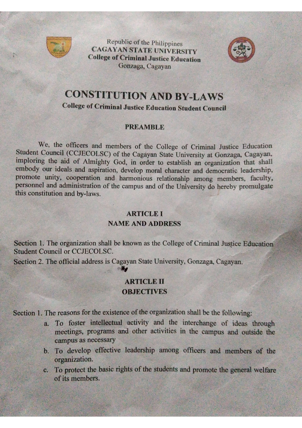 CCJECOLSC Constitution and By-Laws: Cagayan State University - Studocu