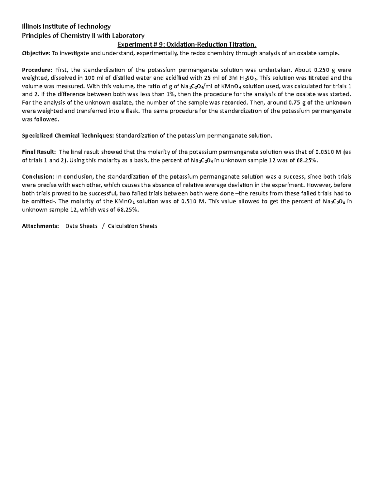 Lab 09 - Oxidation-Reduction Titration - Illinois Institute of ...