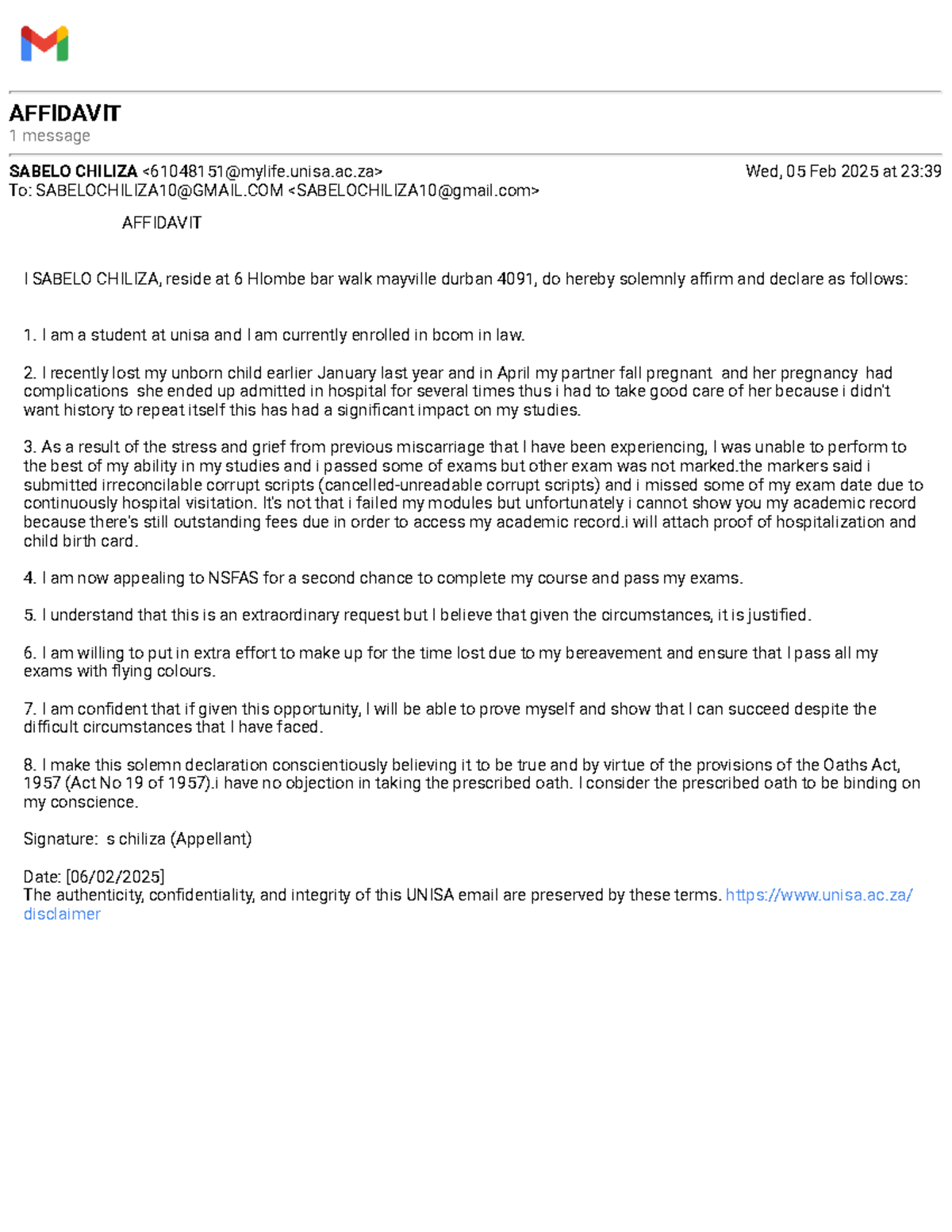 Affidavit Submission for NSFAS Appeal - UNISA BCOM Law - Studocu