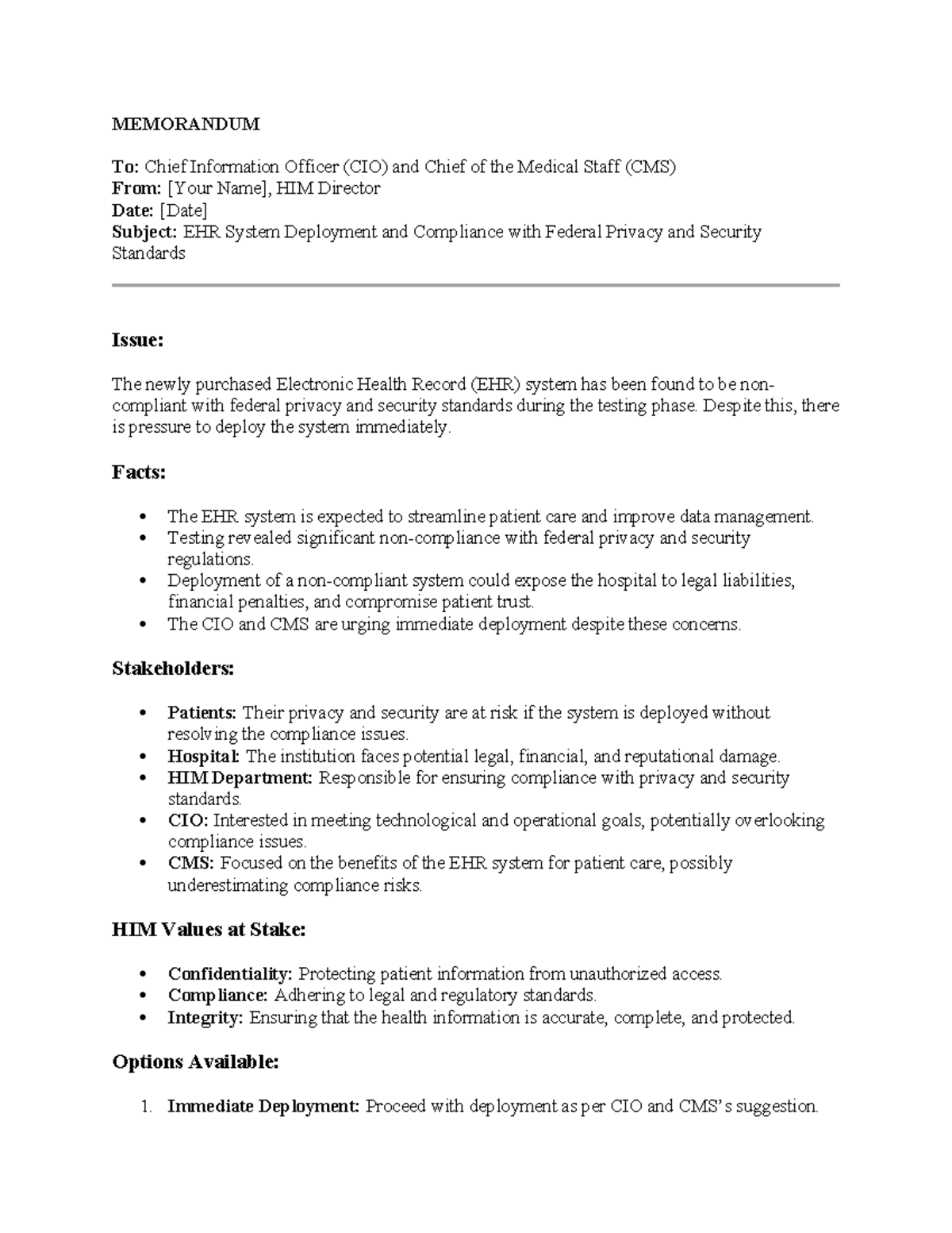 Ethics Memo on EHR System Compliance Issues and Deployment Risks - Studocu