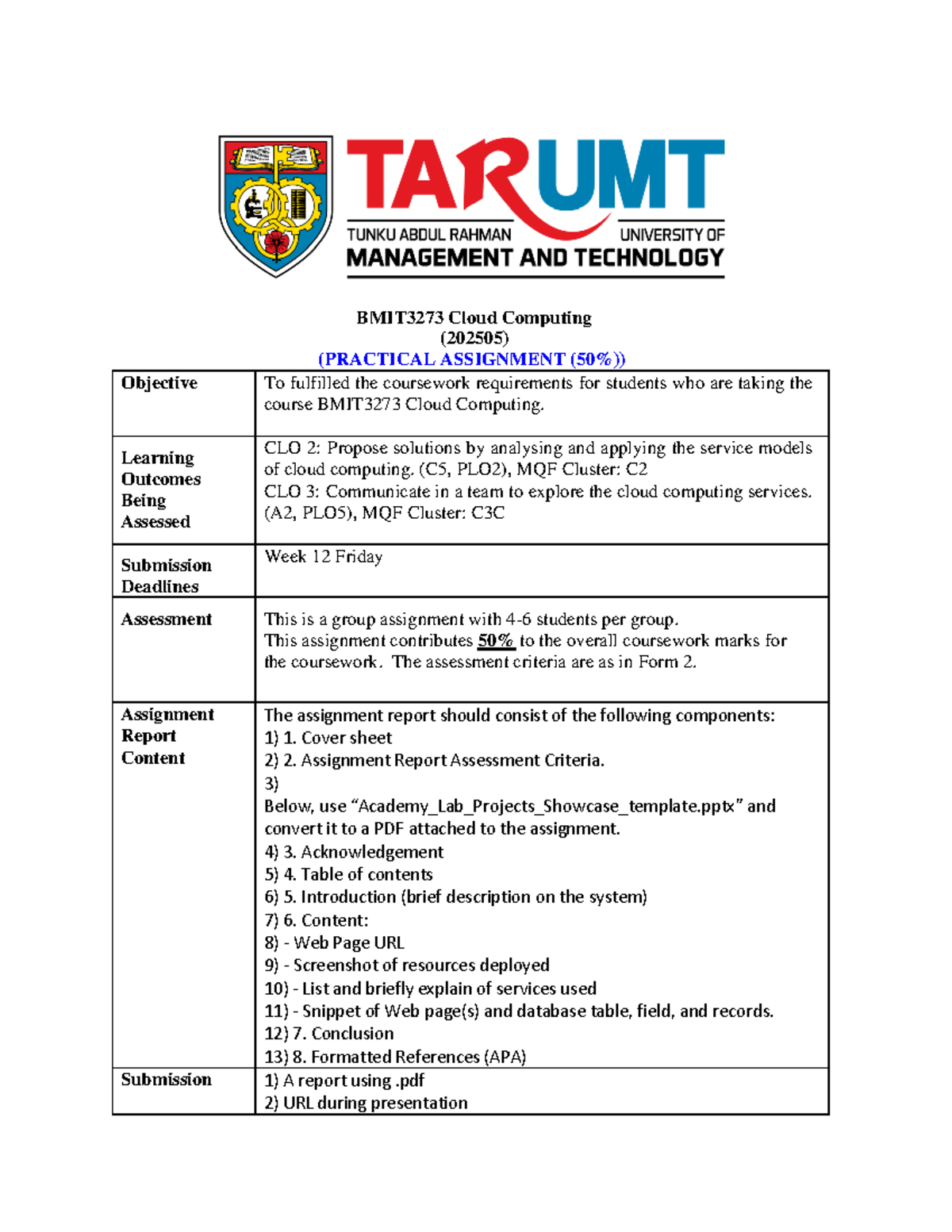 BMIT3273 Cloud Computing (202505) Practical Assignment Report - Studocu