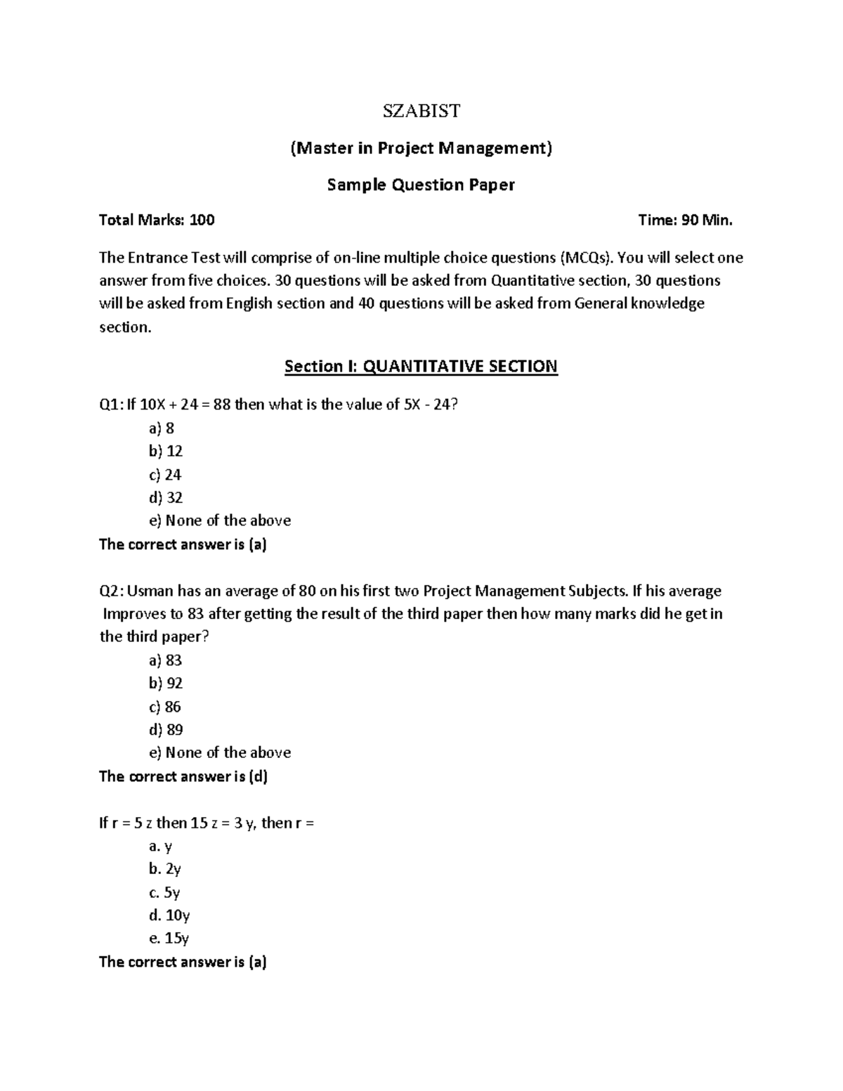 SZABIST MPMSample Paper: Entrance Test MCQs (Total Marks: 100) - Studocu