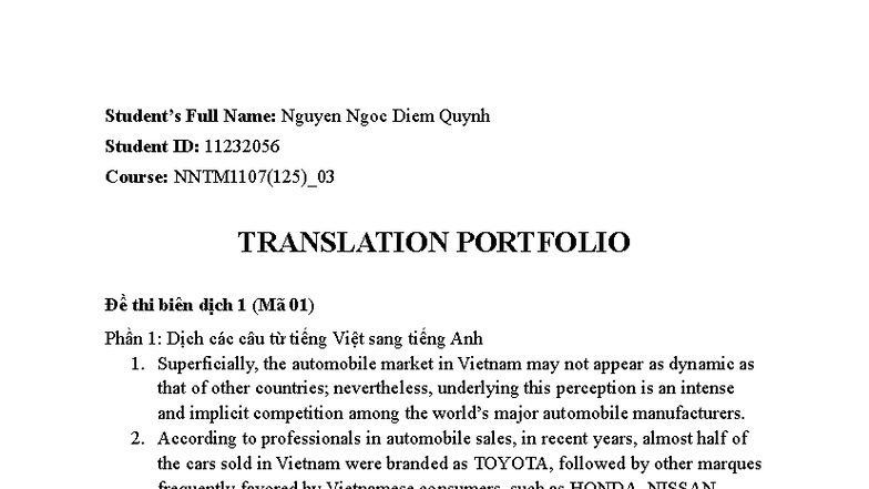 Translation Portfolio - Diễm Quỳnh - Student’s Full Name: Nguyen Ngoc ...