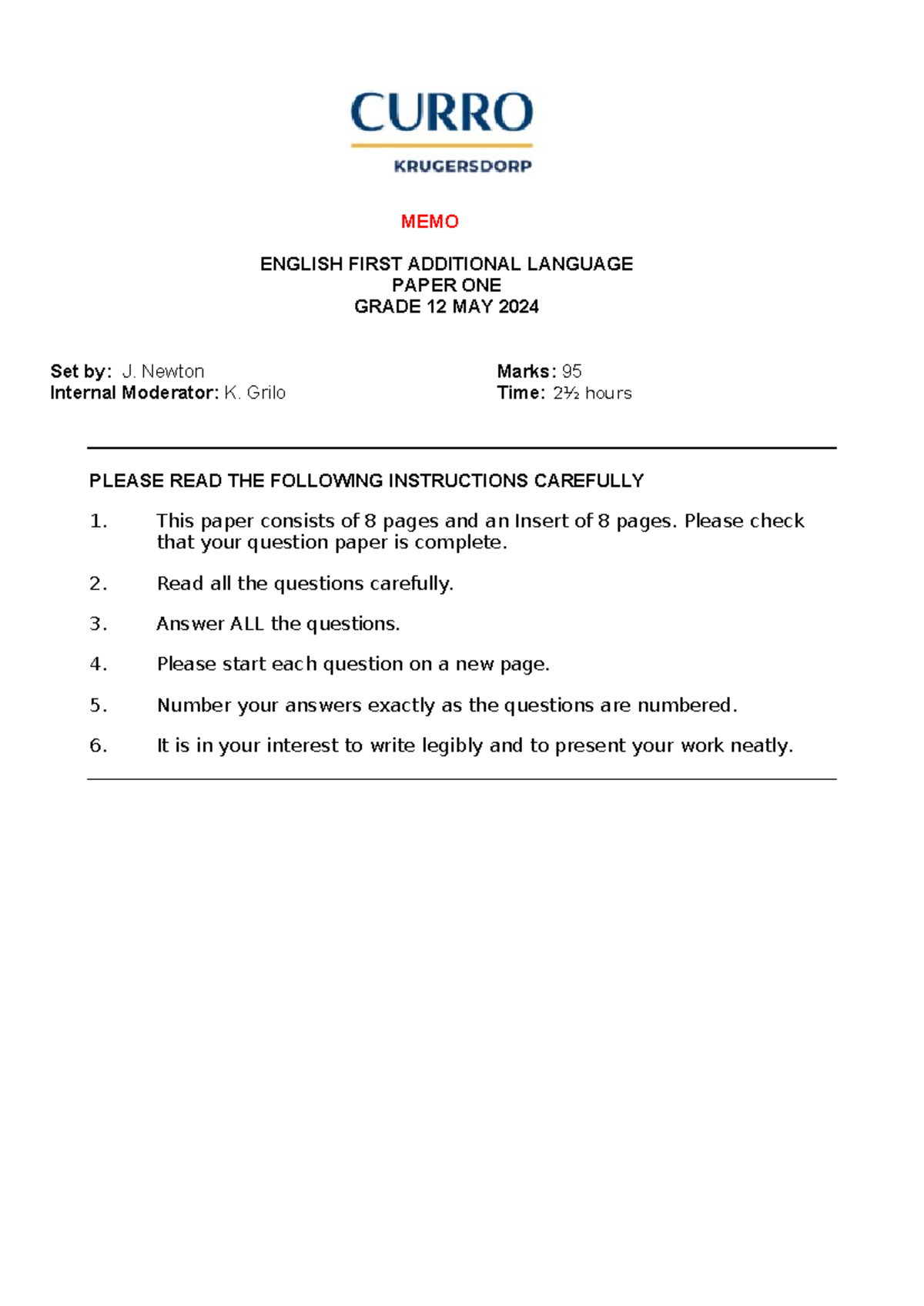 FAL 12 Paper 1 Memo - Final Examination May 2024 - Studocu