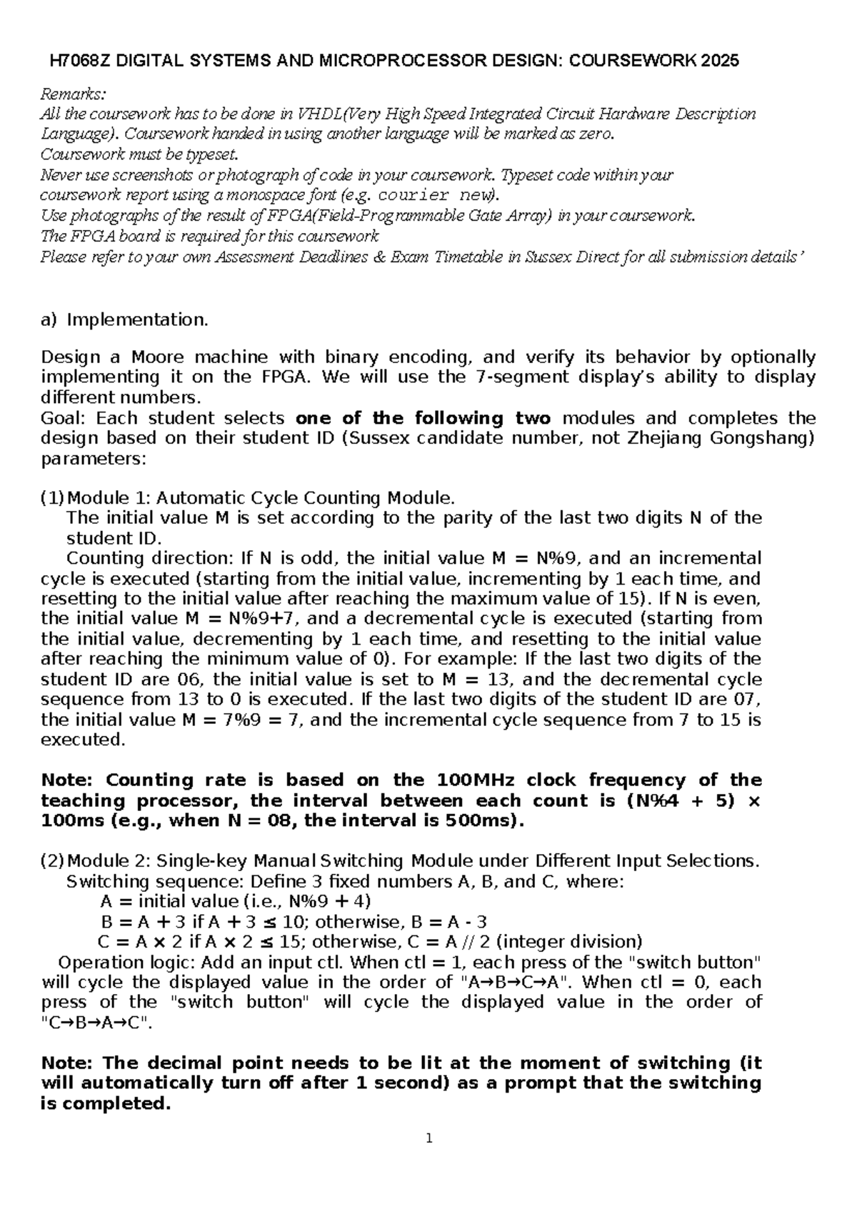 H7068Z DIGITAL SYSTEMS & MICROPROCESSOR DESIGN: FINAL PROJECT 2025 ...