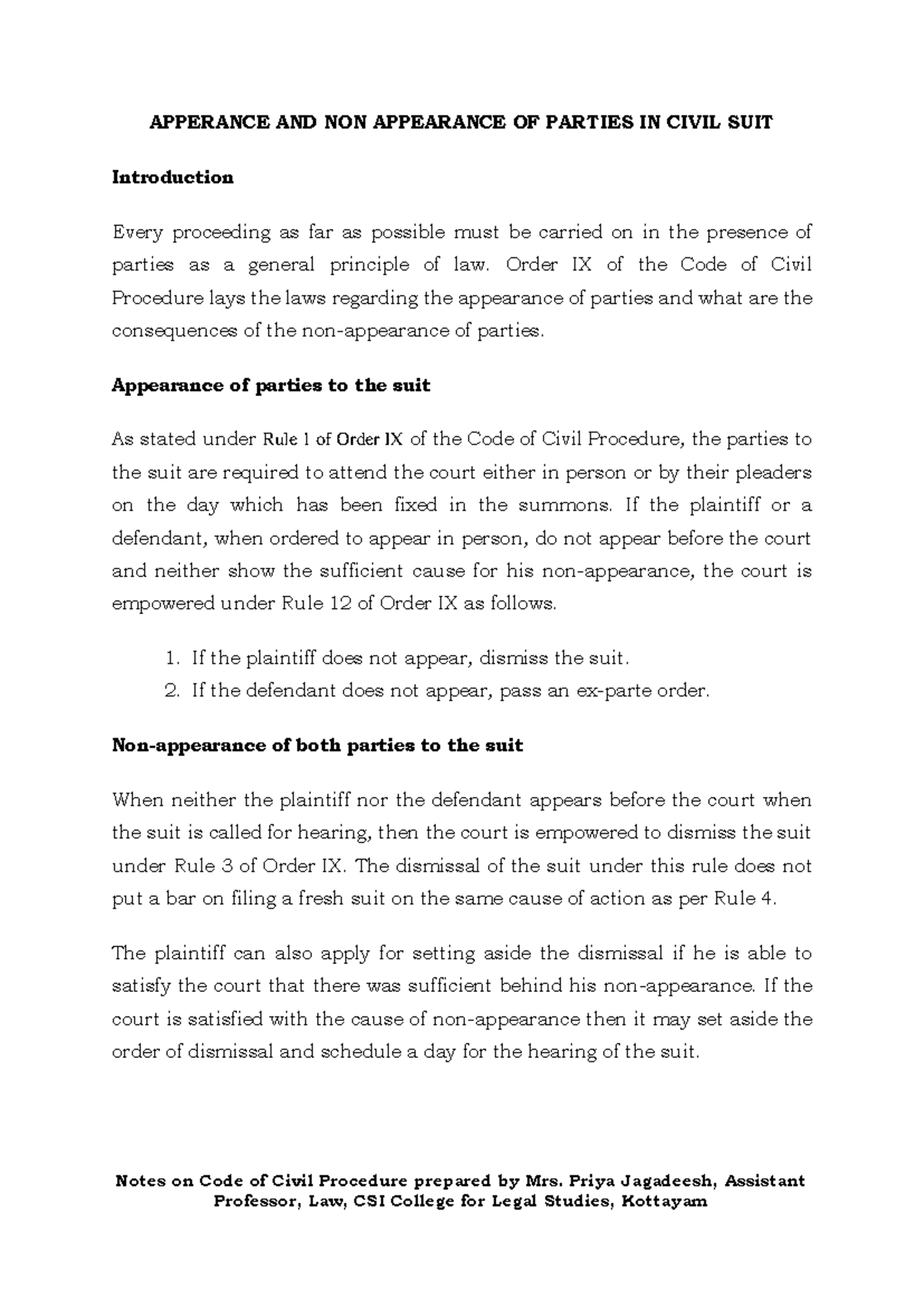 Appearance and Non-Appearance of Parties in Civil Suit - CPC Notes ...