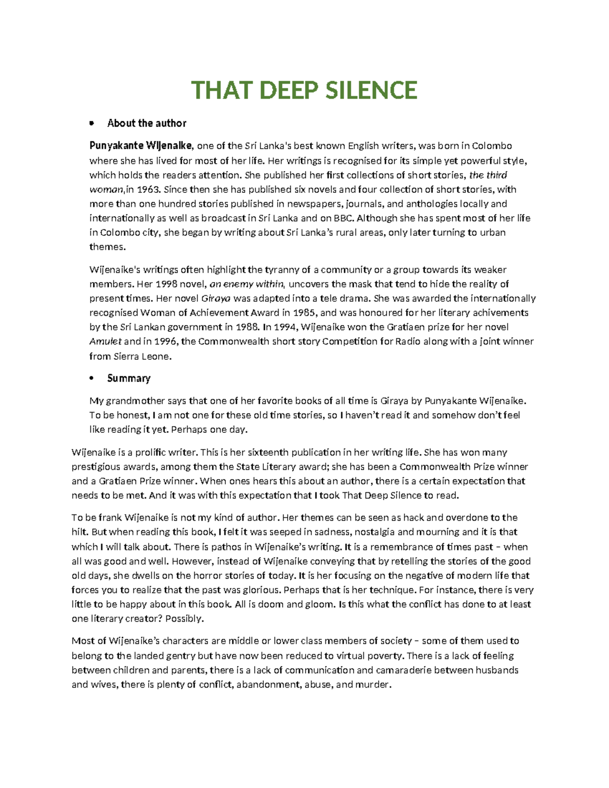 That Deep silence summary questions and answers - THAT DEEP SILENCE ...