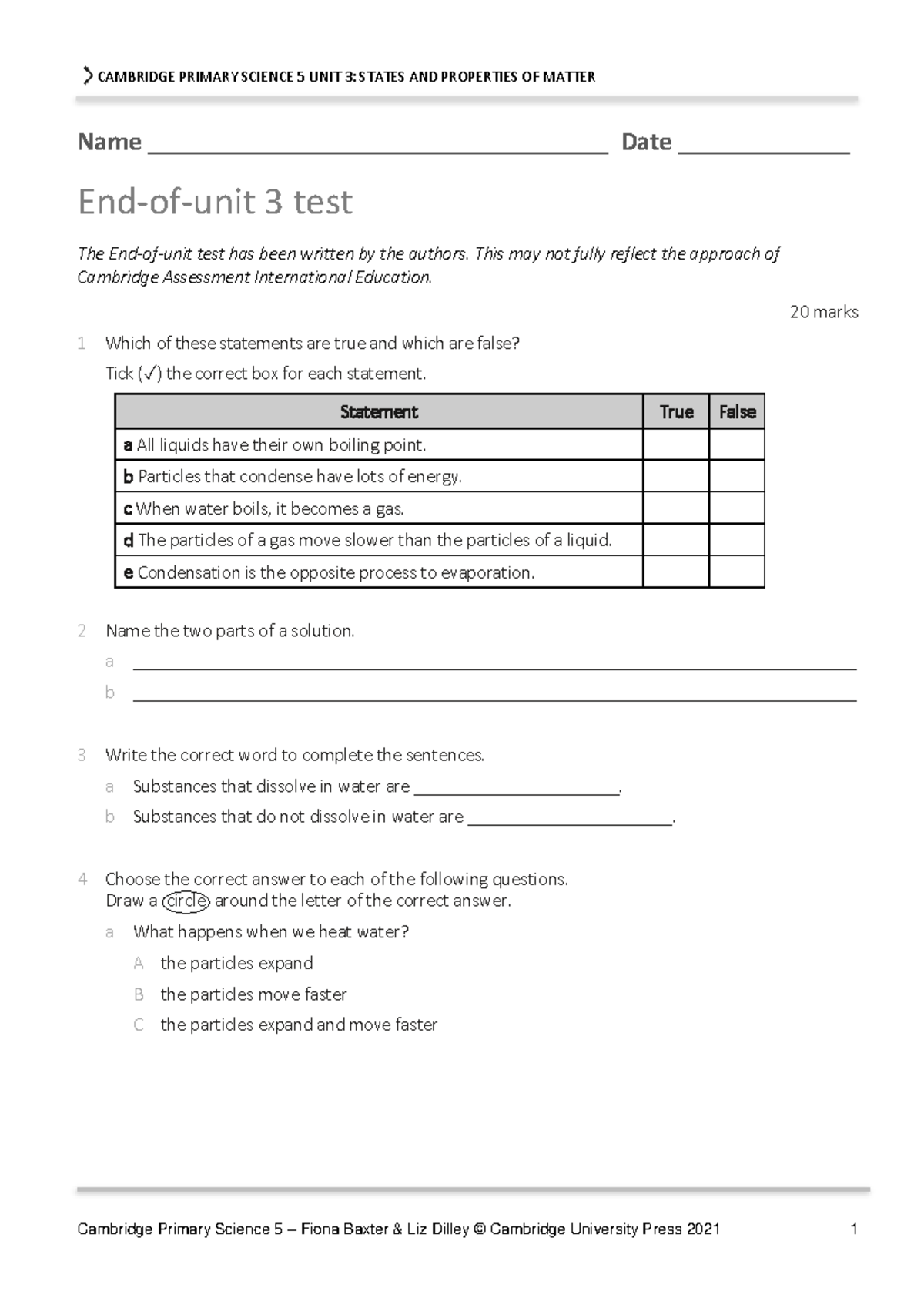 P Science 5 End-of-Unit 3 Test: States & Properties of Matter - Studocu