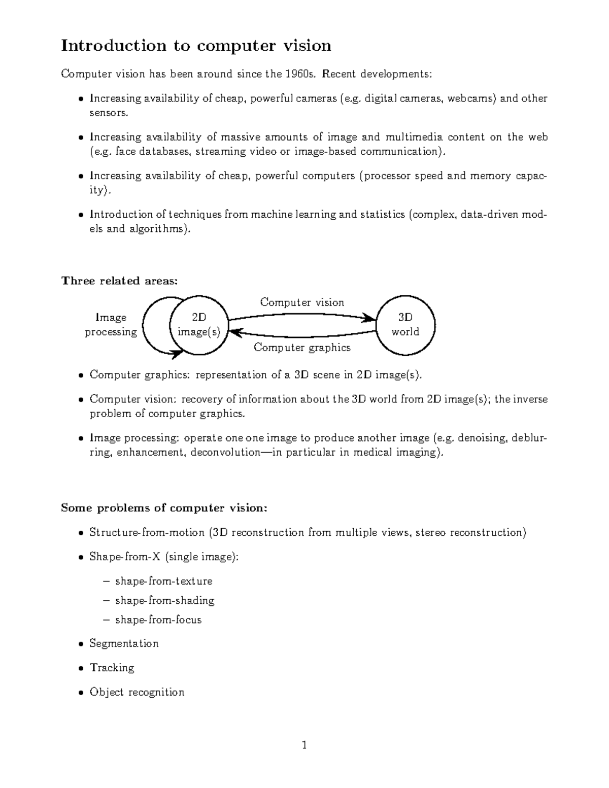Computer vision - Lecture notes 1-7 - Introduction to computer vision ...