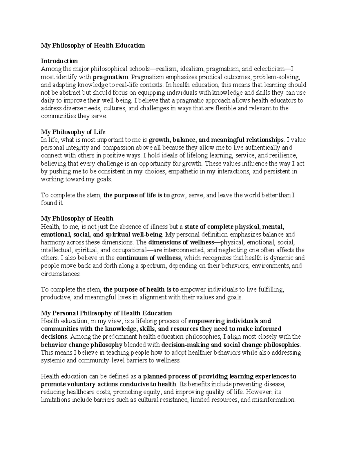 PHIL 101: My Philosophy of Health Education and Wellness Principles ...