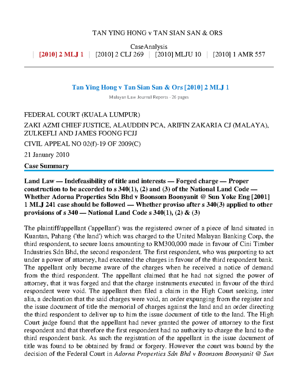 Tan Ying Hong v Tan Sian San & Ors: Case Analysis [2010] 2 MLJ 1 - Studocu