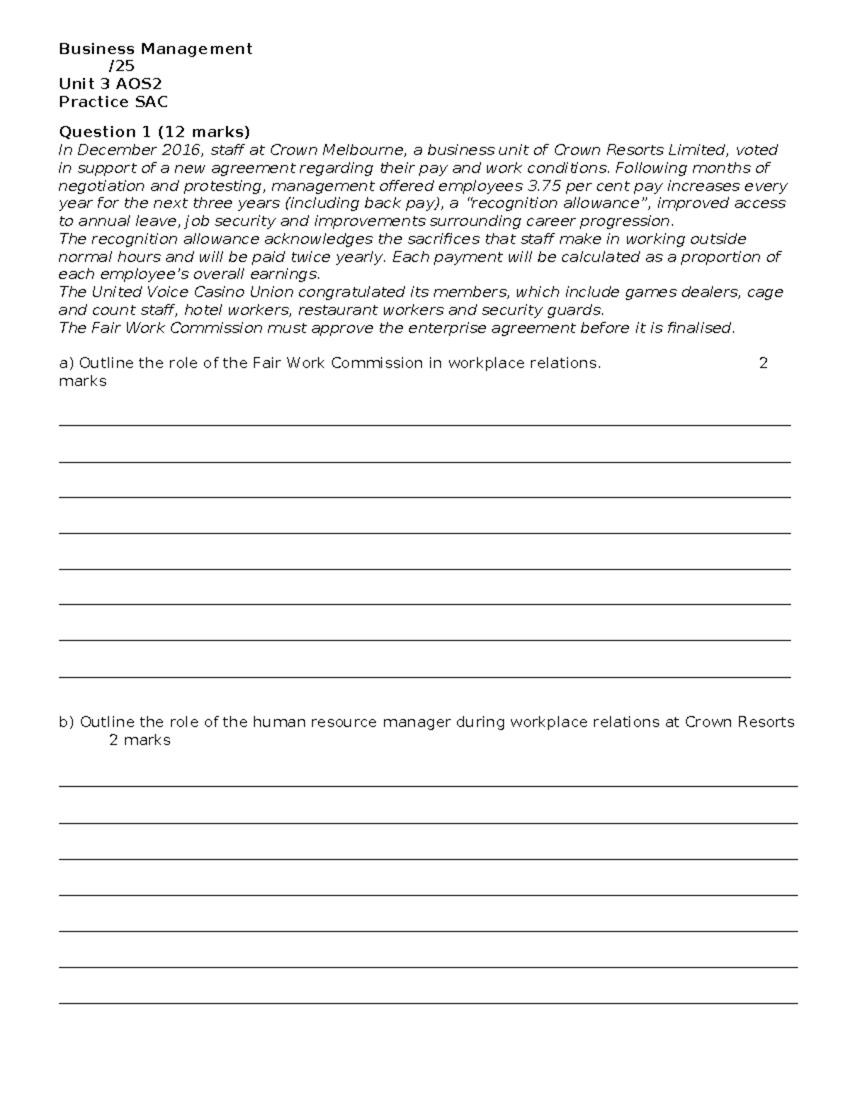 Business Management Unit 3 AOS2 Practice SAC - Workplace Relations ...
