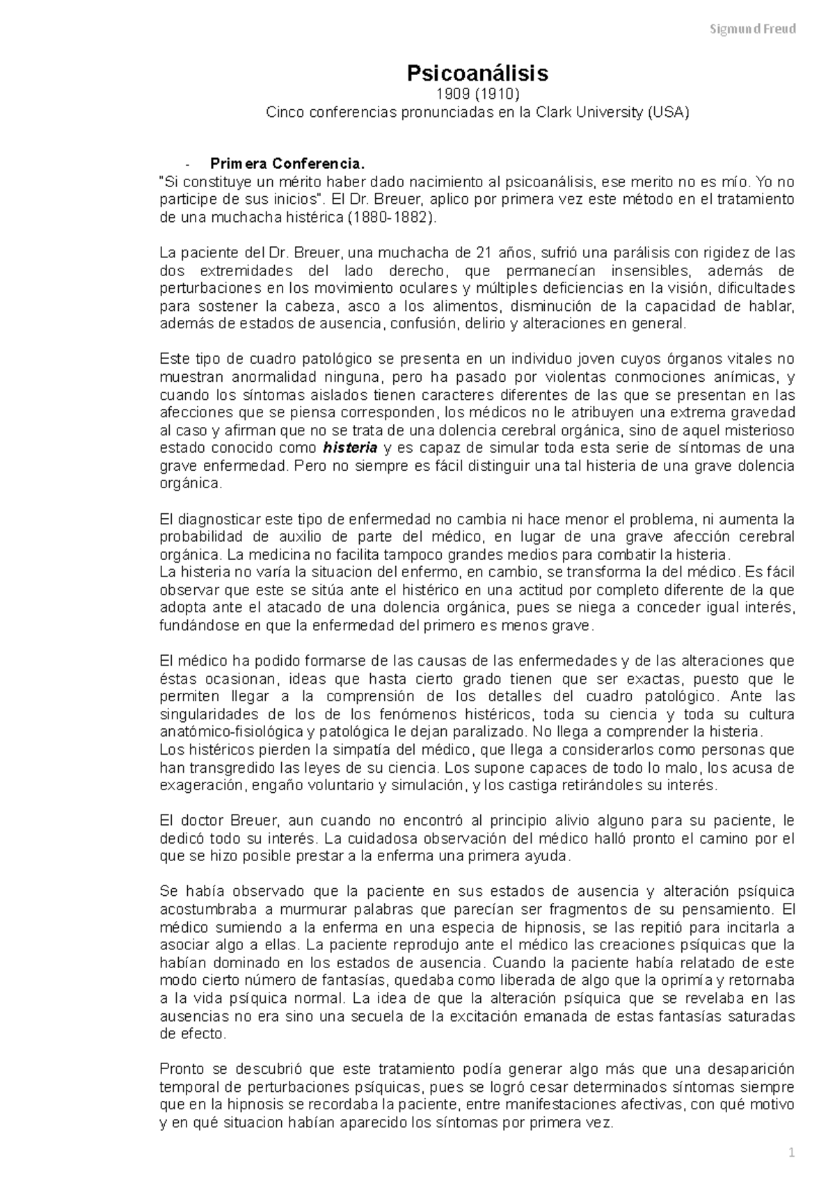 Psicoanalisis - Cinco Conferencias DE Freud EN LA Clark University ...