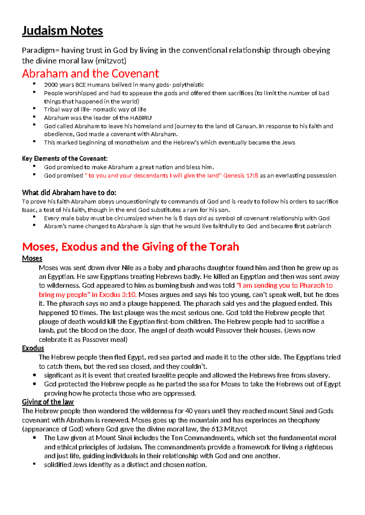Judaism Notes Prelim - wewe - Judaism Notes Paradigm= having trust in ...