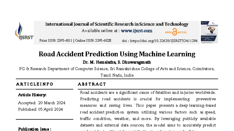 Road Accident Prediction Using ML: Insights & Methodologies (IJSSRT 11. ...