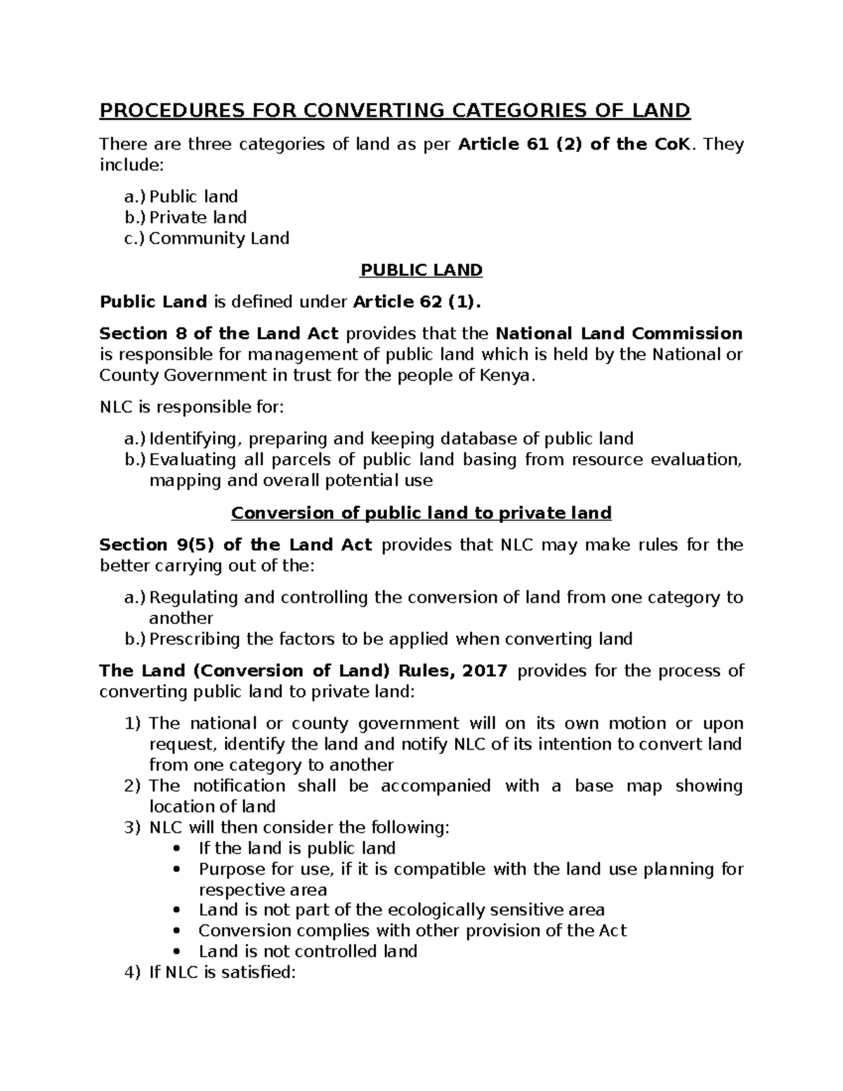 Procedures for Converting Categories of Land: Public & Community - Studocu