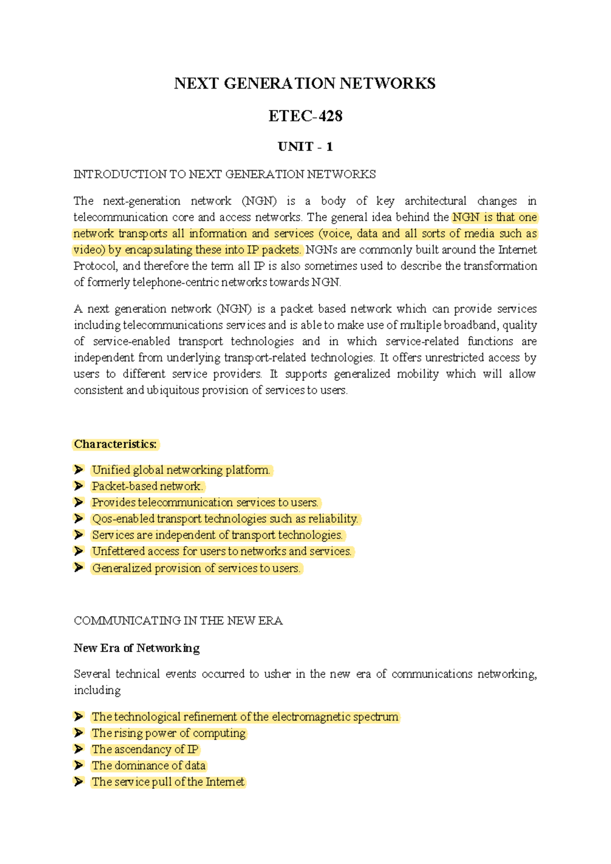 NGN-Unit 1: Introduction to Next Generation Networks Overview - Studocu