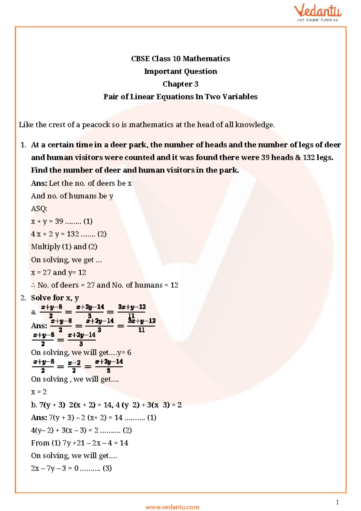 CBSE Class 10 Mathematics Important Questions: Pair of Linear Equations ...